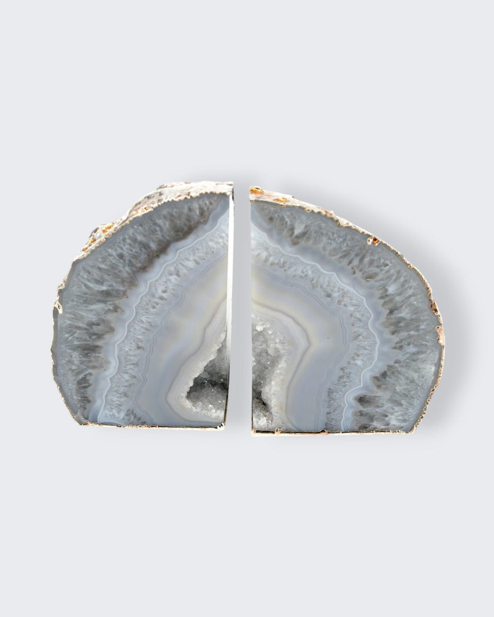 Antique Gilded Grey Agate Gemstone Geode Bookends – Buddha Groove
