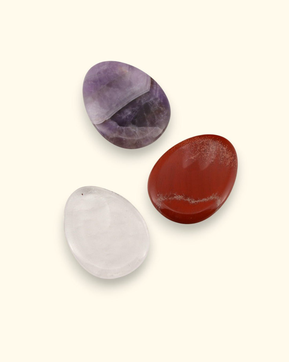 3-Piece Chakra Worry Stone Set – Amethyst, Quartz & Agate – Buddha Groove