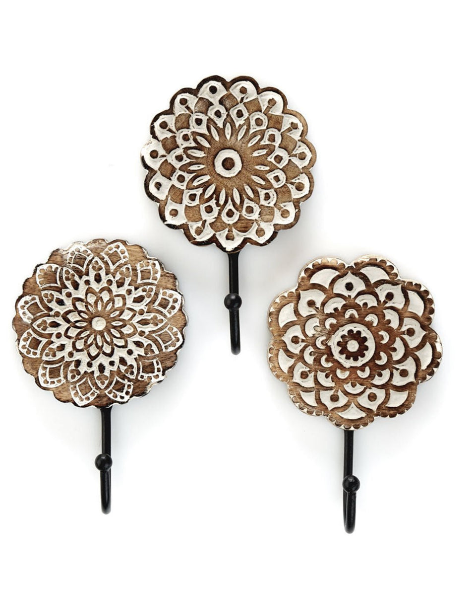 Mandala Wall Hooks – Hand-Carved Mango Wood Set of 3 (6") – Buddha Groove