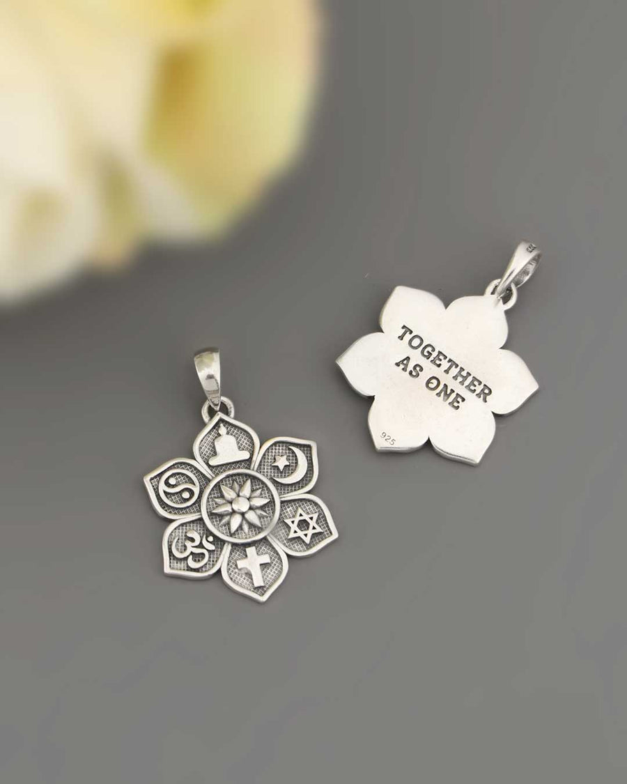 Coexist Harmony Pendant – Sterling Silver Lotus with Interfaith Symbols ...