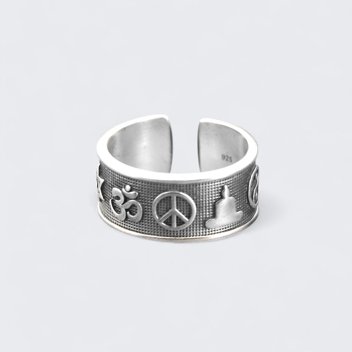 Sterling Silver Coexist Ring – Adjustable Unity Symbol Band – Buddha Groove
