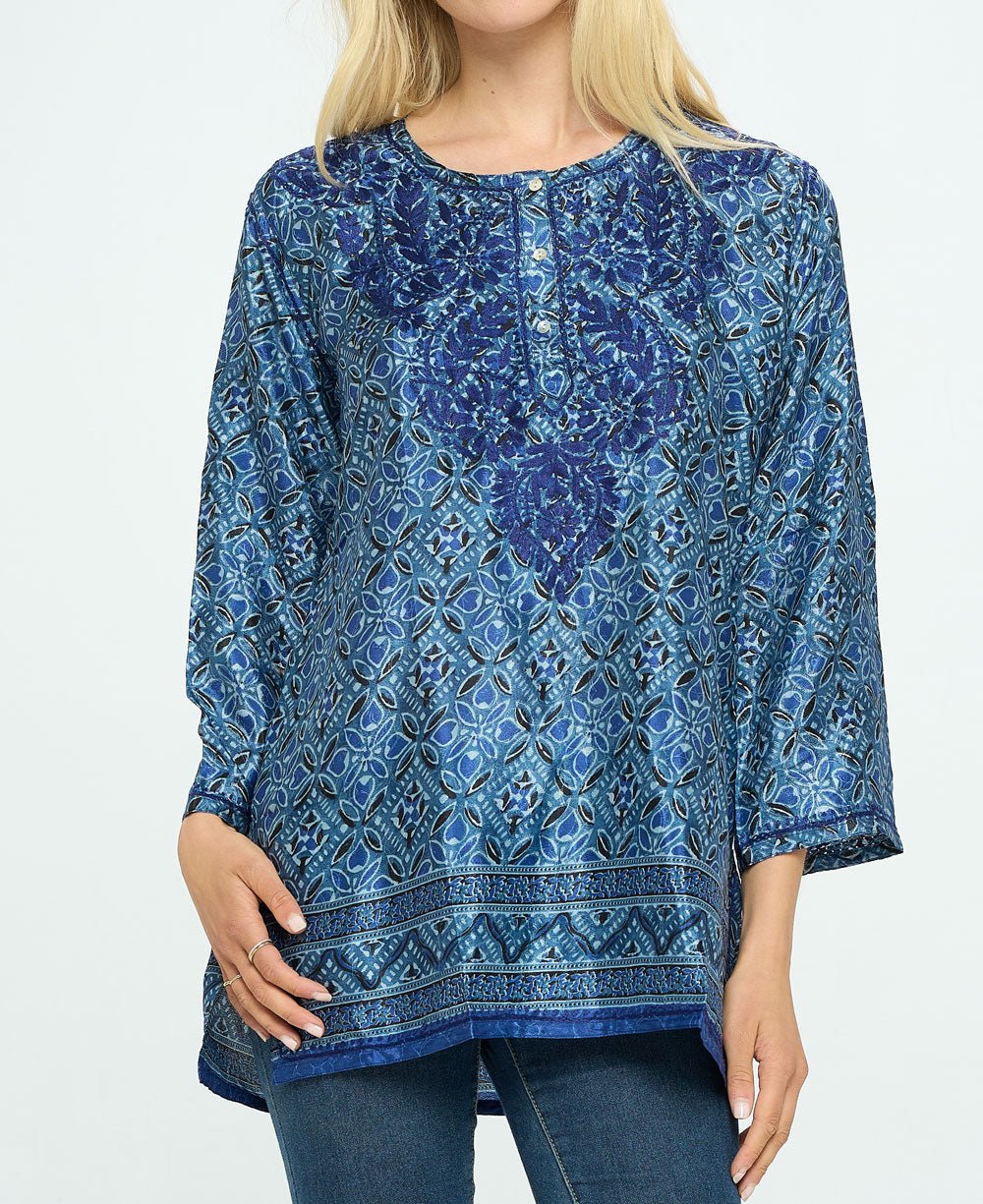 Blue Geometry Tunic With Hand Embroidery – Buddha Groove