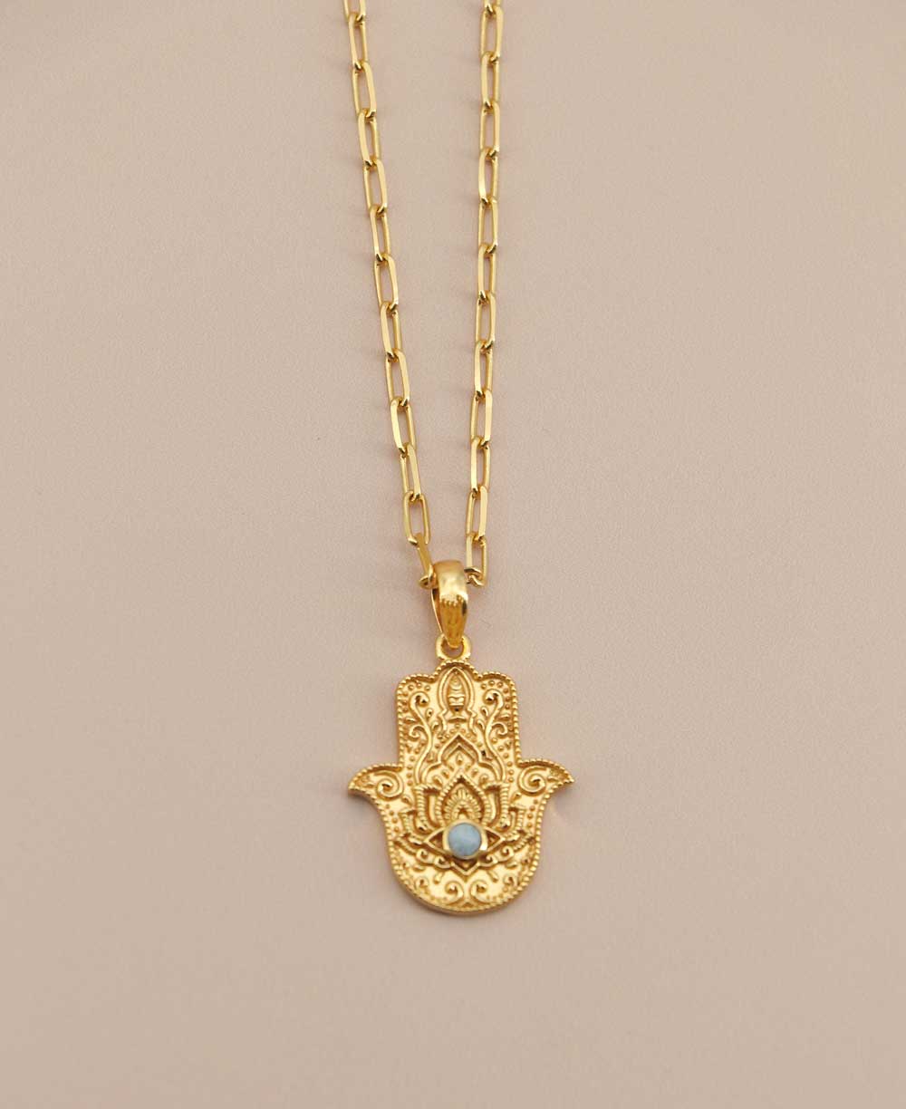 Divine Protection Hamsa Hand Necklace With Larimar Gemstone – Buddha Groove