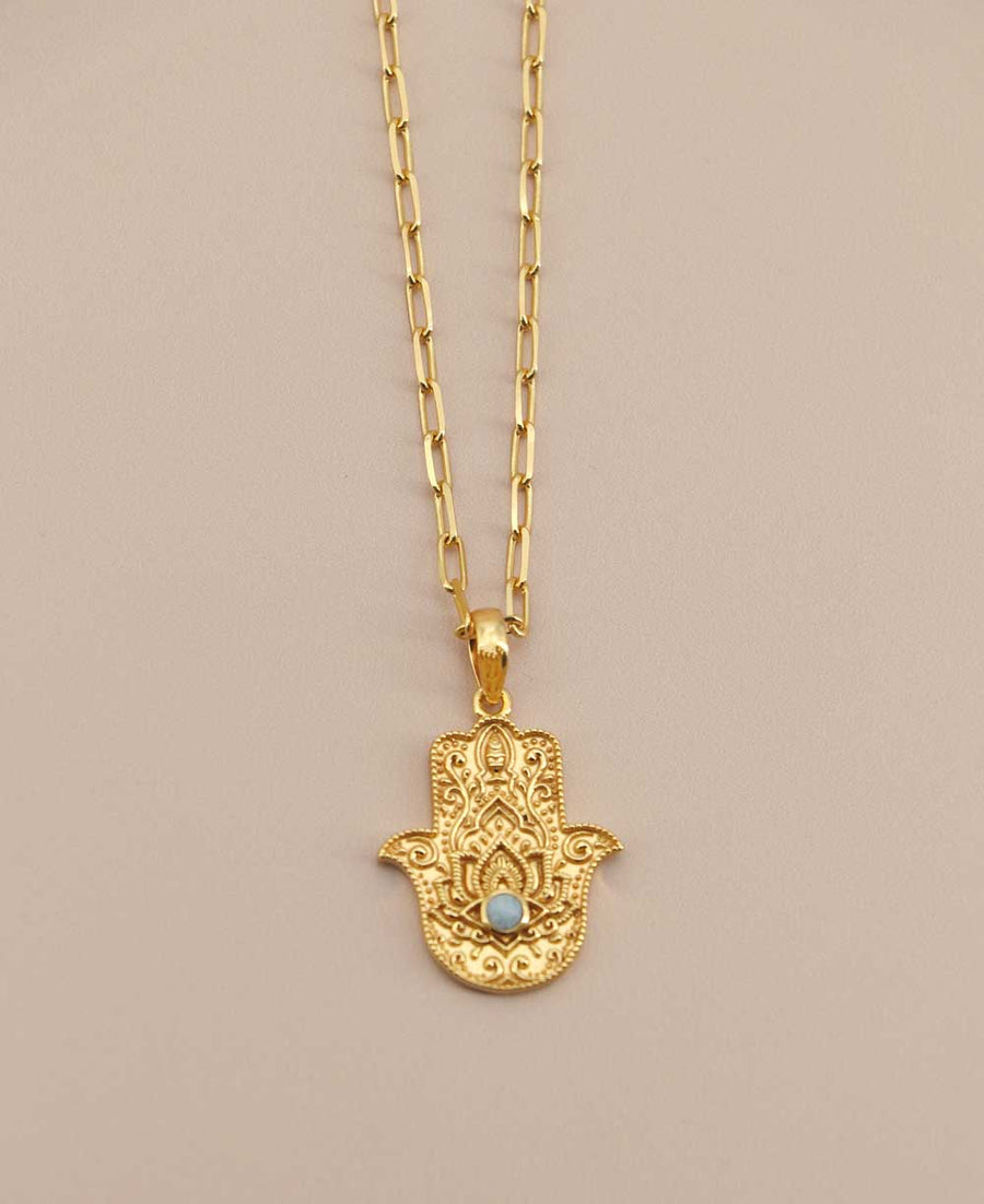 Divine Protection Hamsa Hand Necklace With Larimar Gemstone – Buddha Groove