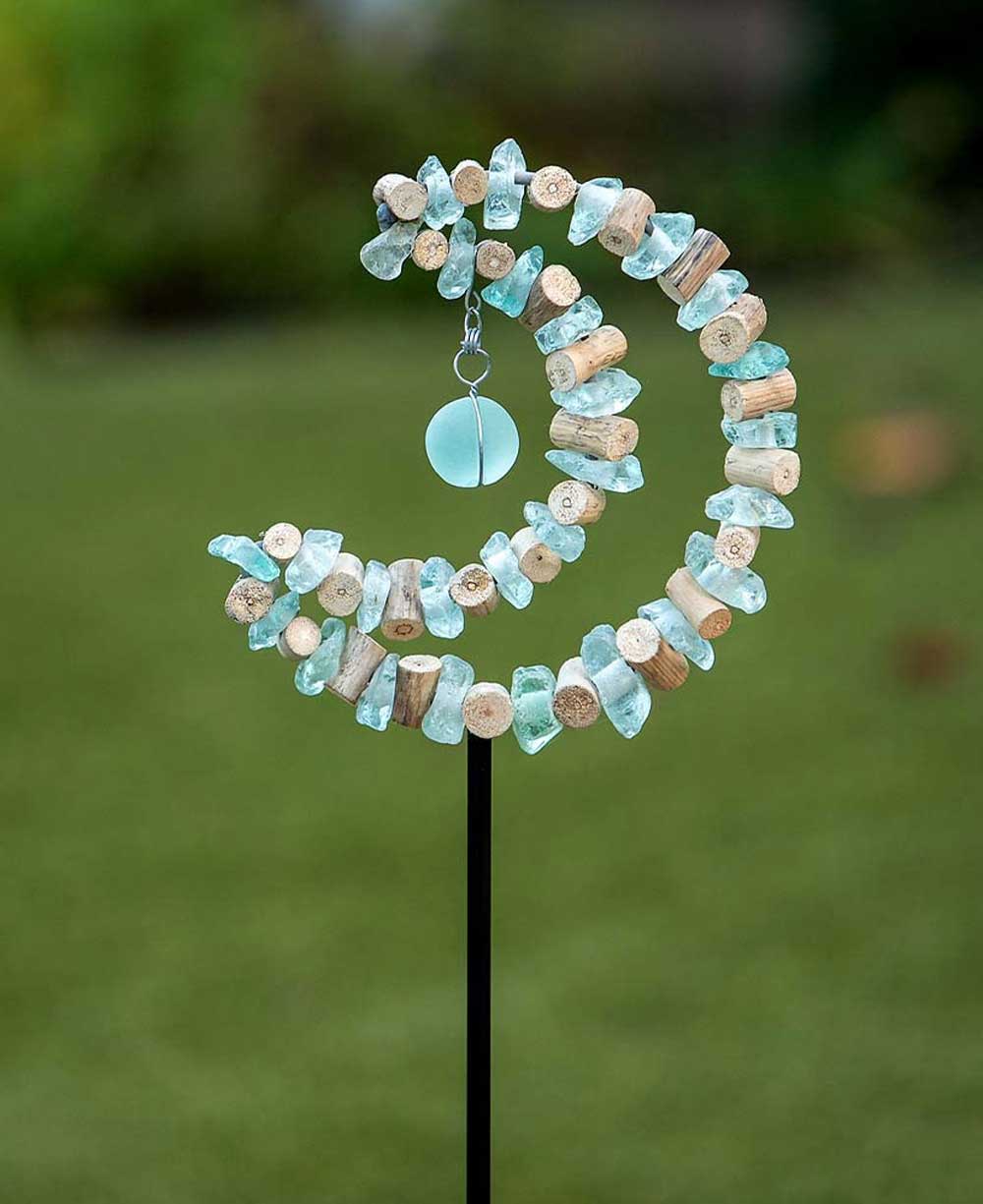 Driftwood & Aqua Crescent Zen Garden Stake - Celestial Beauty for Your ...