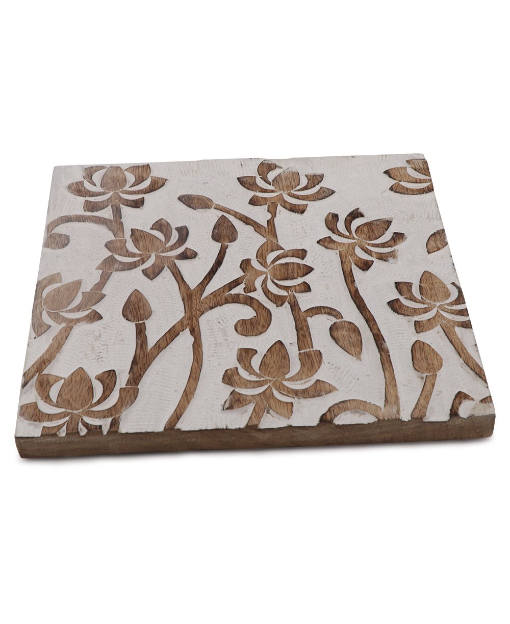 Fairtrade Hand Carved Lotus Wood Square Trivet – Buddha Groove