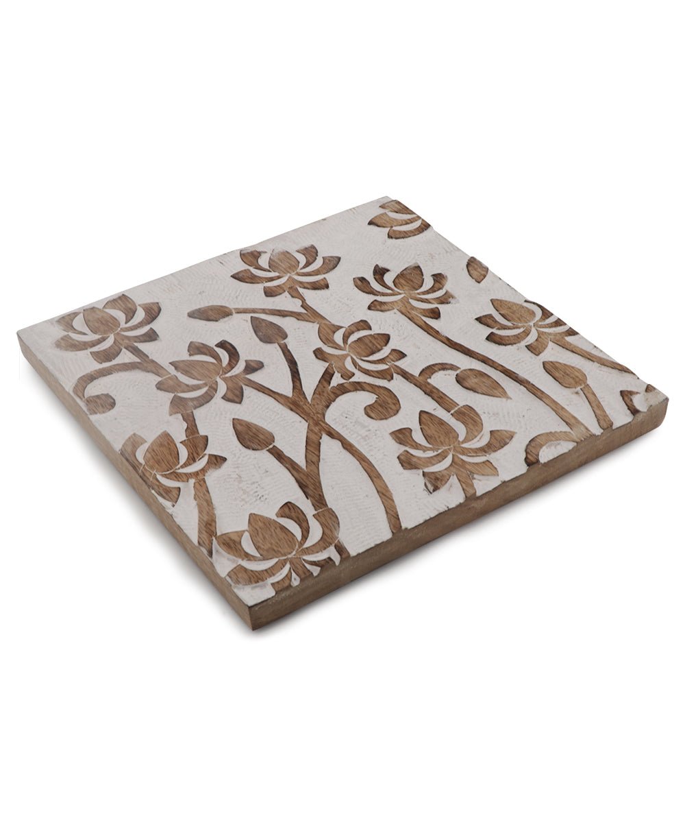 Fairtrade Hand Carved Lotus Wood Square Trivet – Buddha Groove