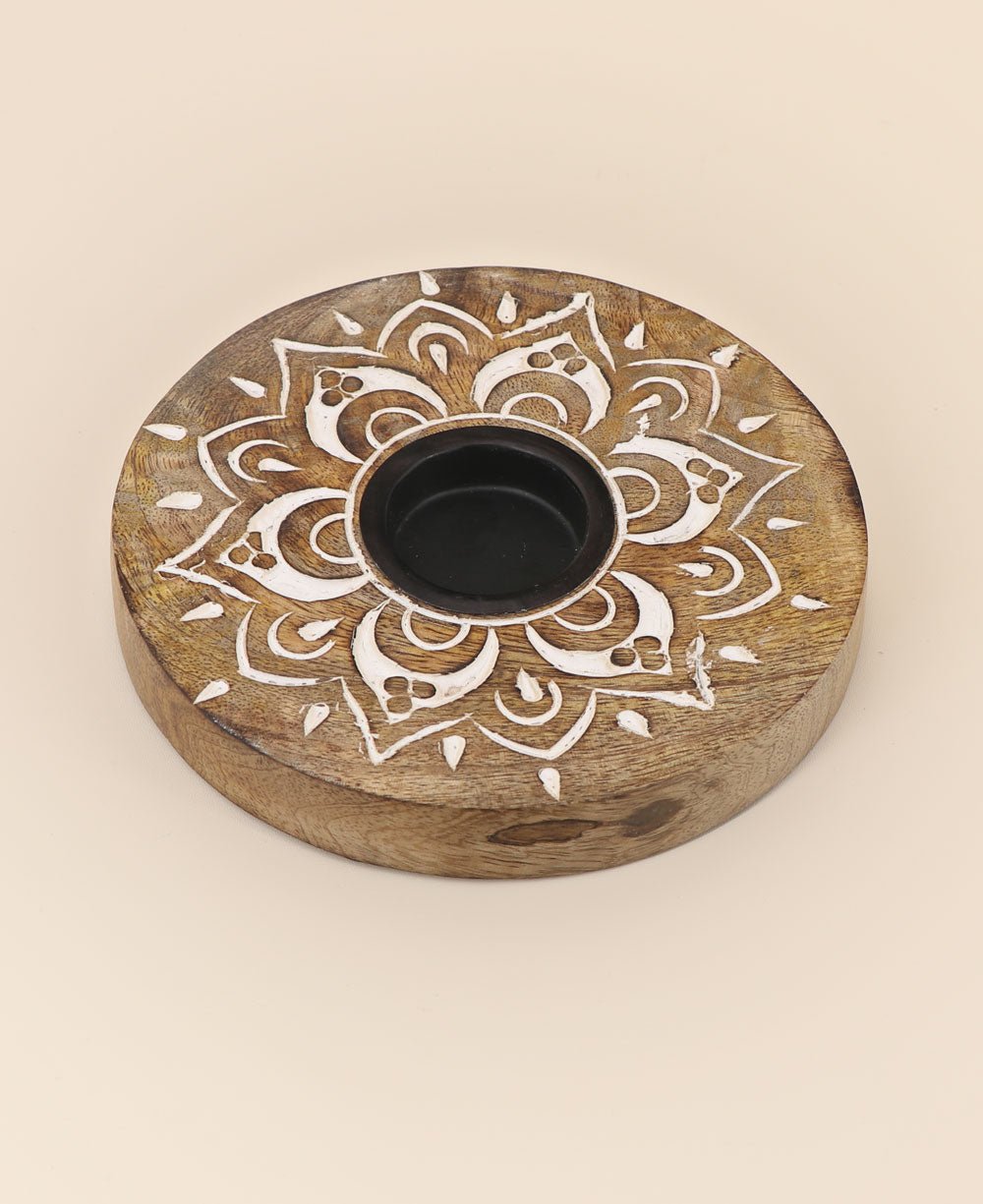 Fairtrade Hand Carved Wood Mandala Design Tea Light Holder – Buddha Groove