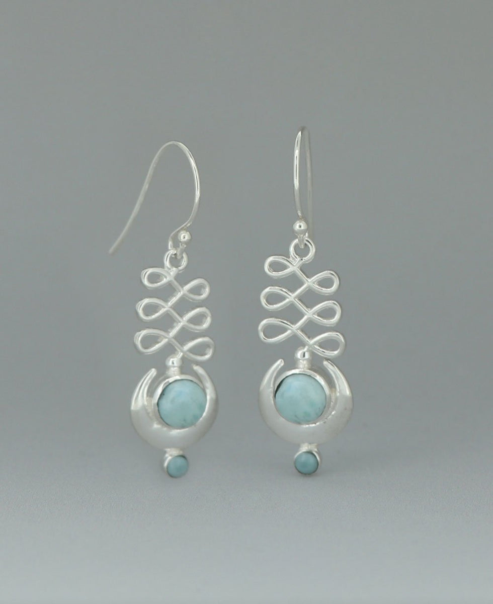 Larimar Silver Unalome Moon Earrings – Spiritual Drops – Buddha Groove