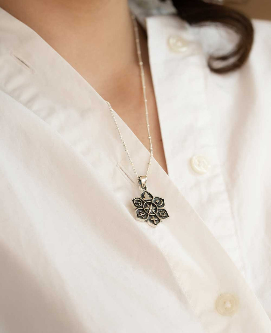 Sterling Silver Coexist Harmony Pendant, Lotus Design – Buddha Groove
